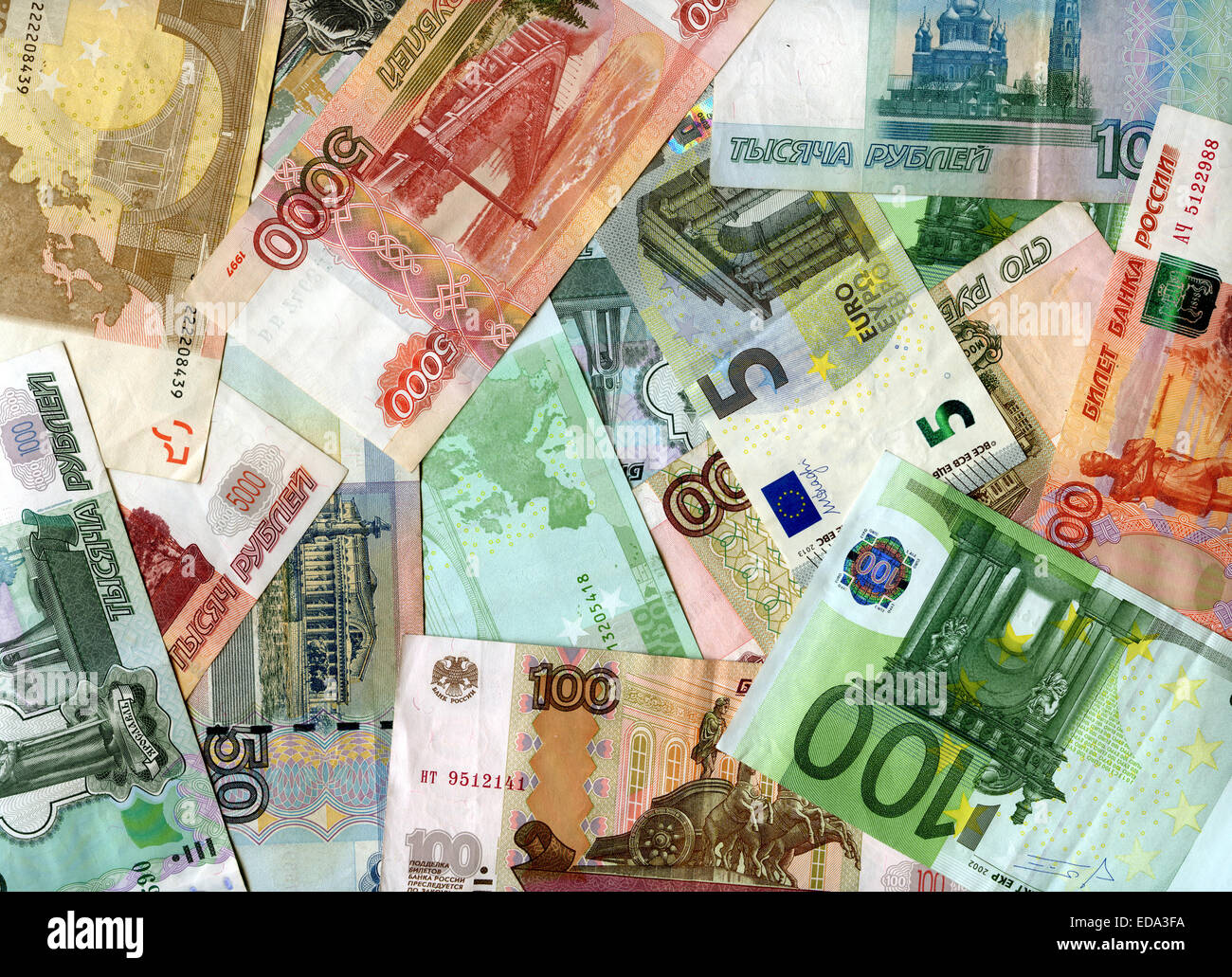 European currency (Euro) and Russian banknotes (Rubles) background ...