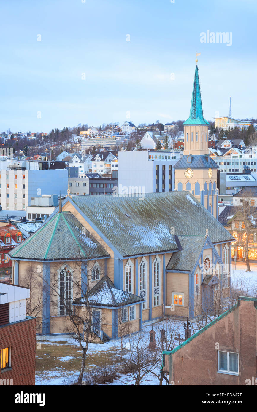 Aerial view of Tromso Cathedral Church in Troms Norway at dusk twilight ...