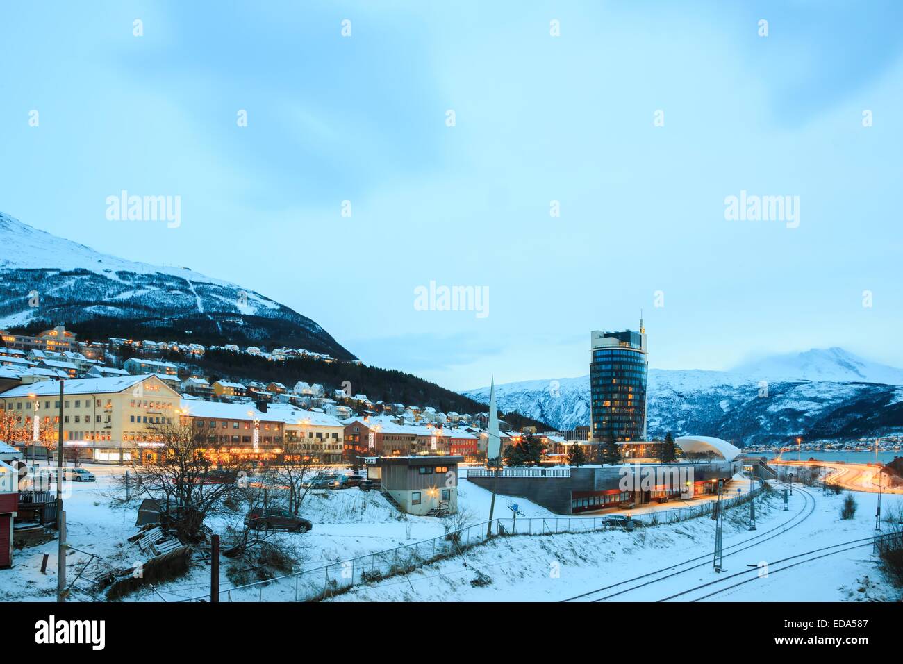 Narvik Town Square Cityscape at dusk, Norway Stock Photo - Alamy