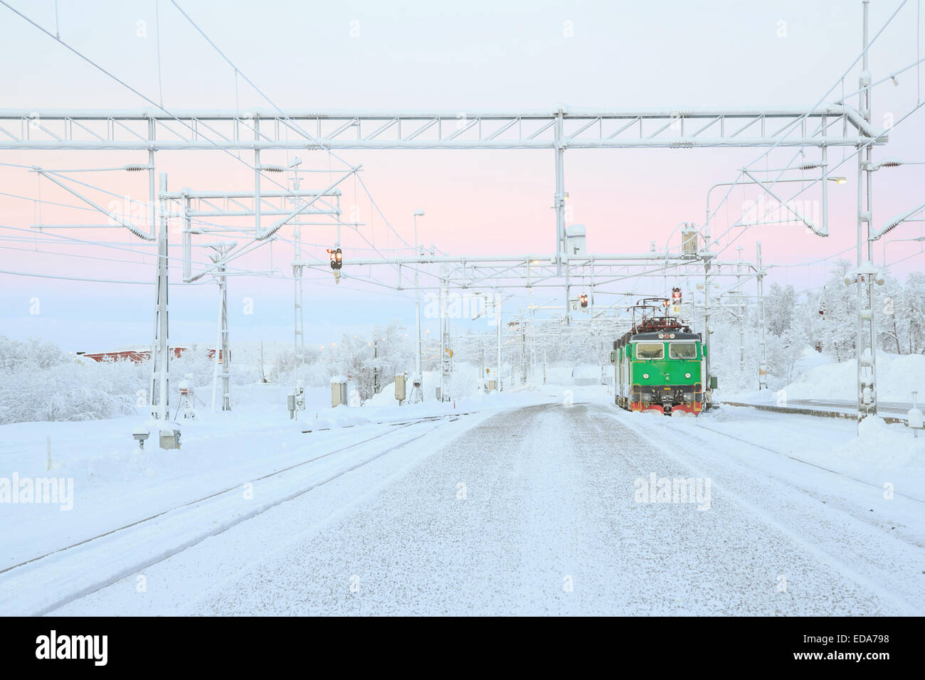 Green Train Locomotive approaching to Kiruna Station Sweden Stock Photo ...