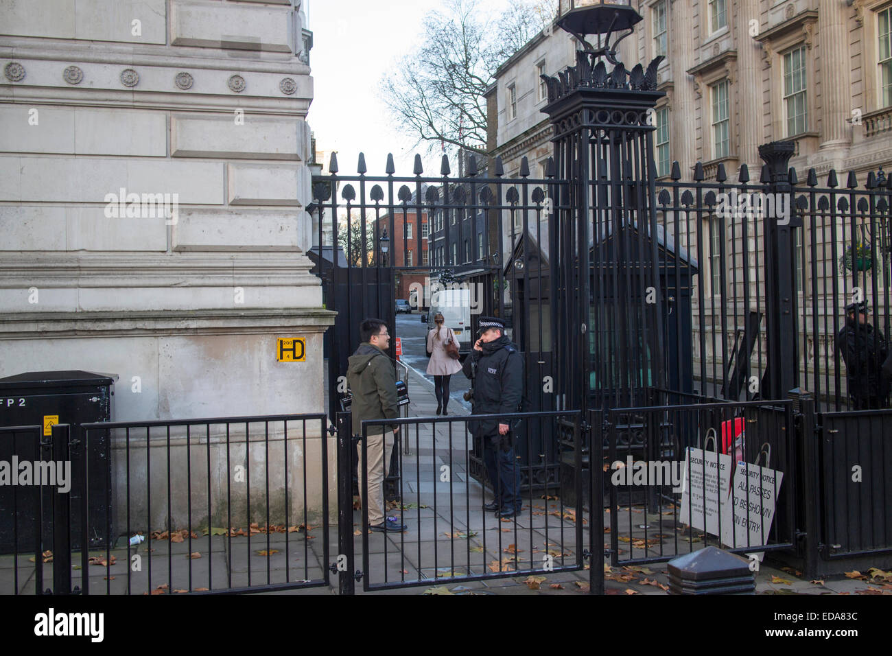 The corner of Downing Street and Whitehall gates in central London ...