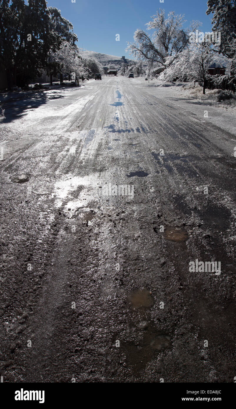 Ice and snow blanketing the city of Alpine, in West Texas, located in ...