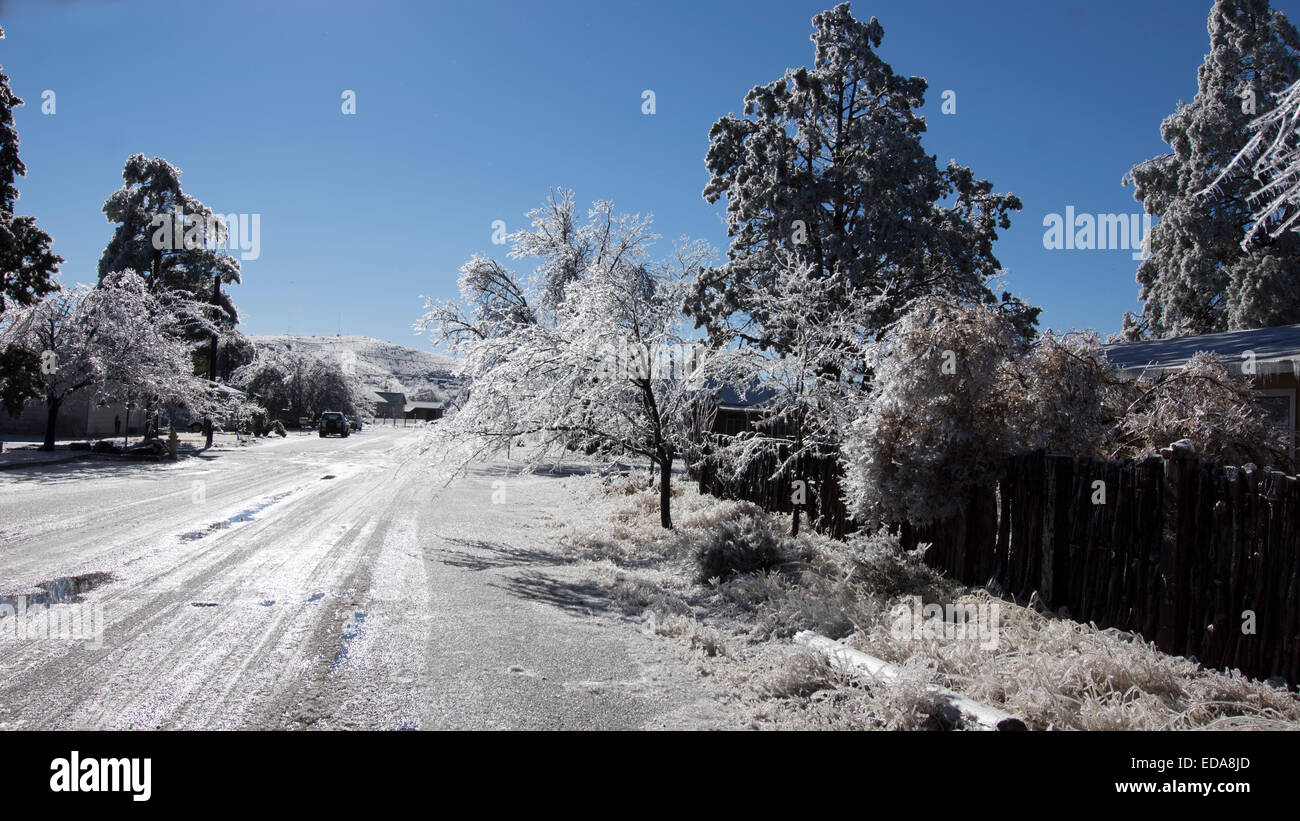 Ice and snow blanketing the city of Alpine, in West Texas, located in ...