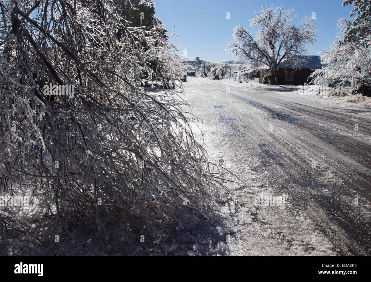 Ice and snow blanketing the city of Alpine, in West Texas, located in ...