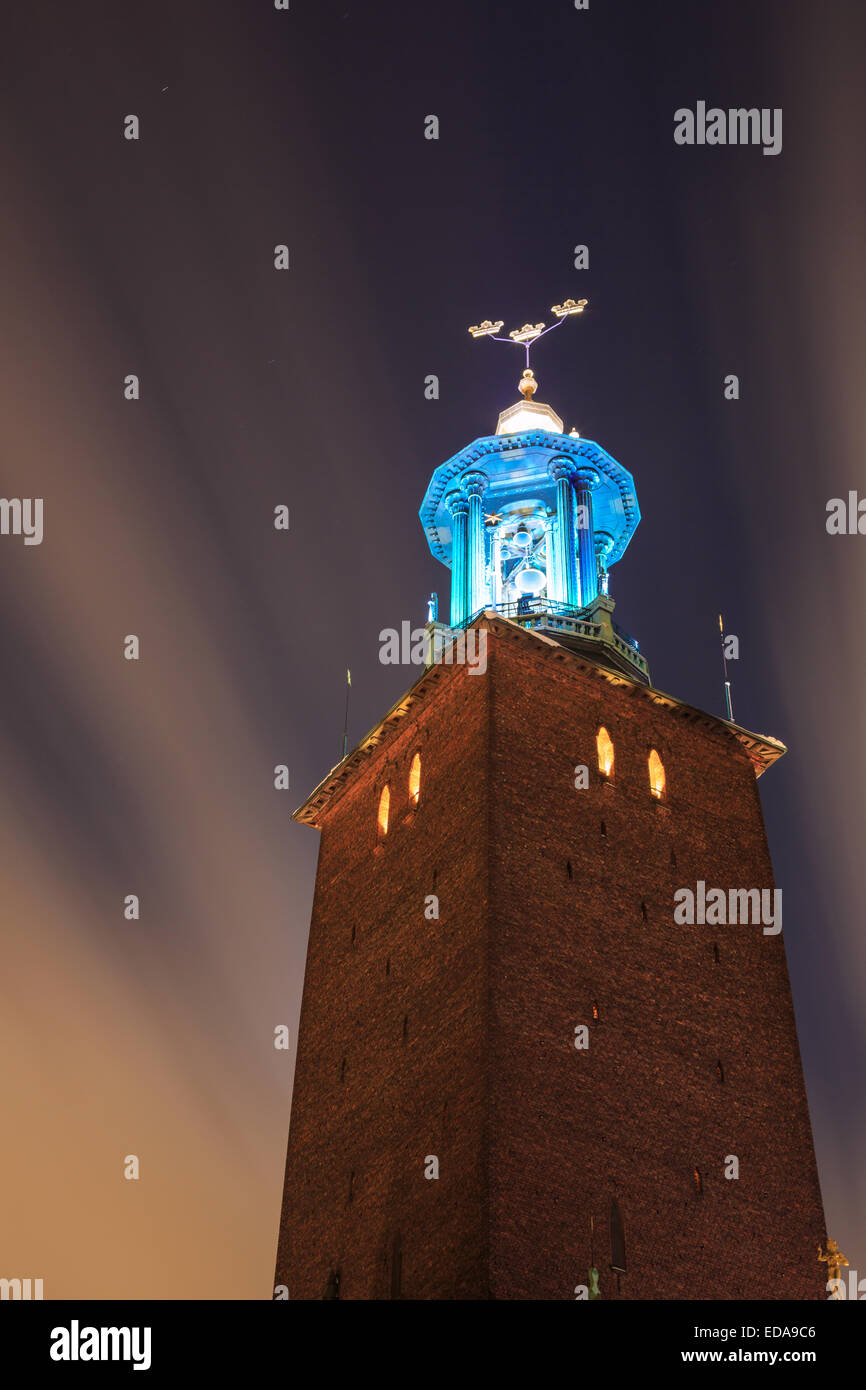 Clock Tower of Stockholm Cityhall Studhus Sweden at Night Stock Photo ...
