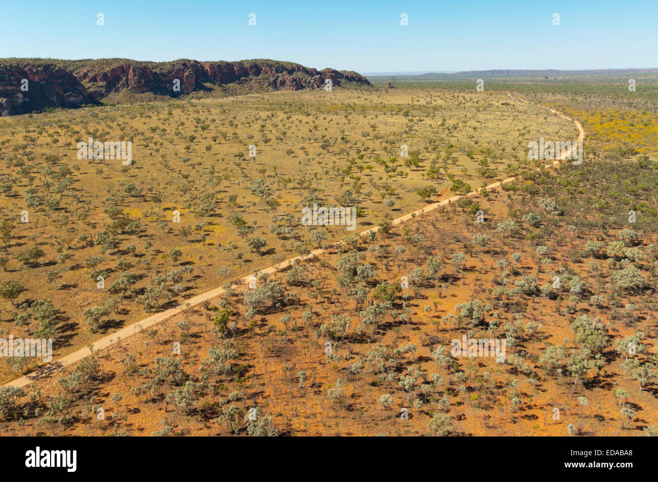 Aerial view of a Dirt Road across the Outback, Bungle Bungles, Western ...