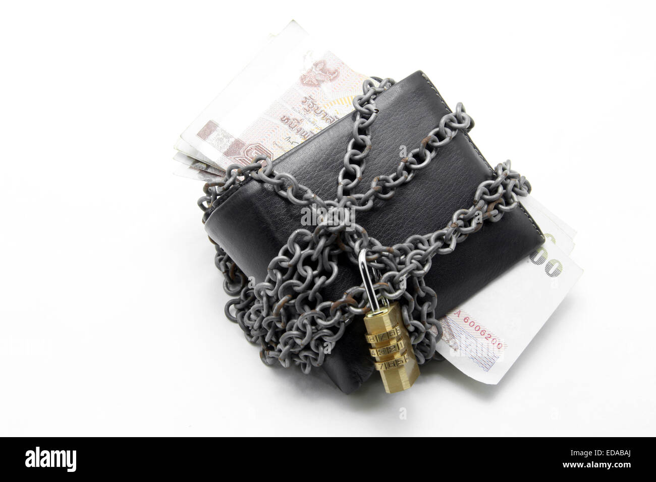 black leather wallet with numeric pad lock and thai banknote Stock ...