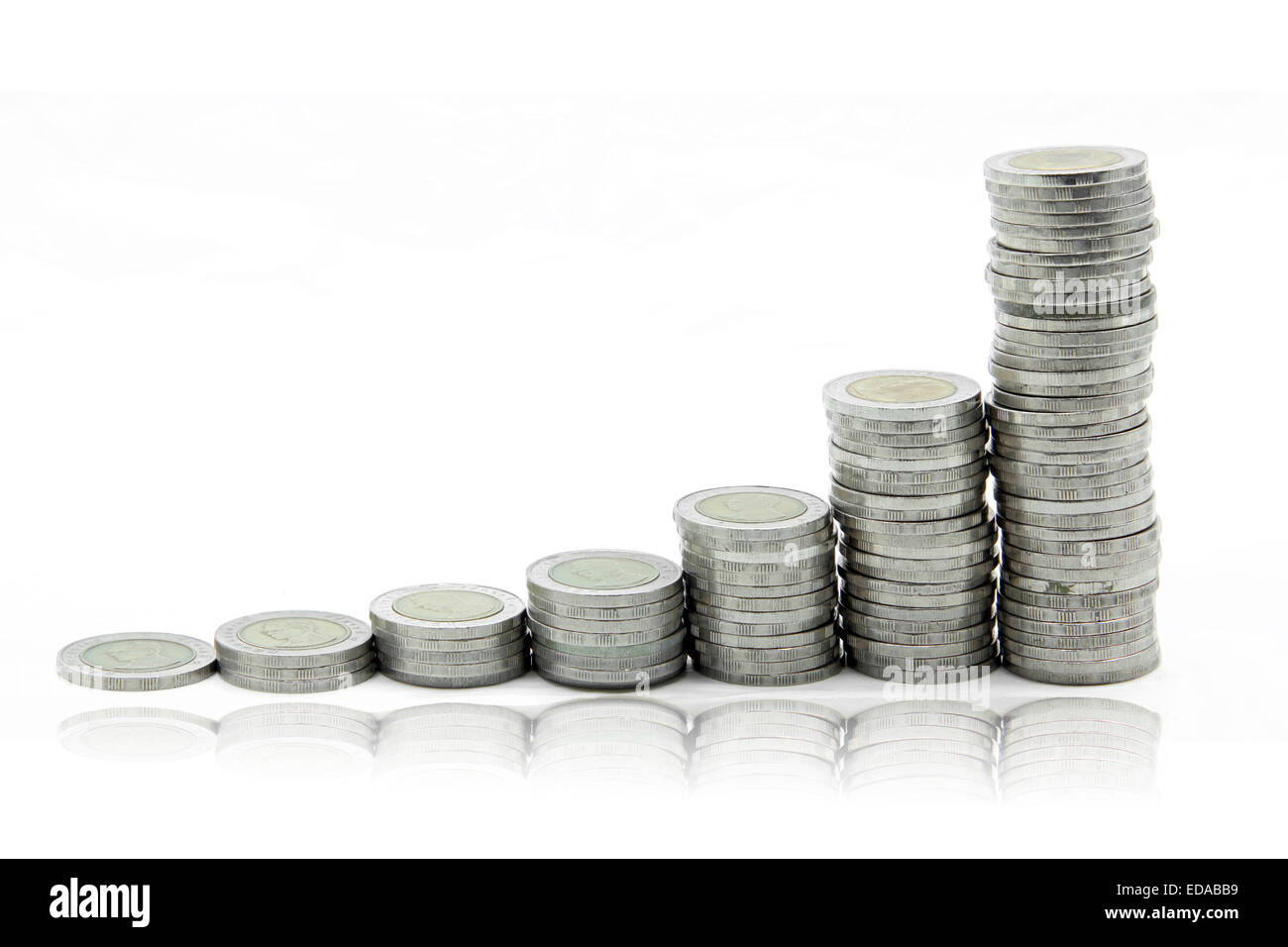 stairs to wealth, step of money coins isolated on white Stock Photo - Alamy