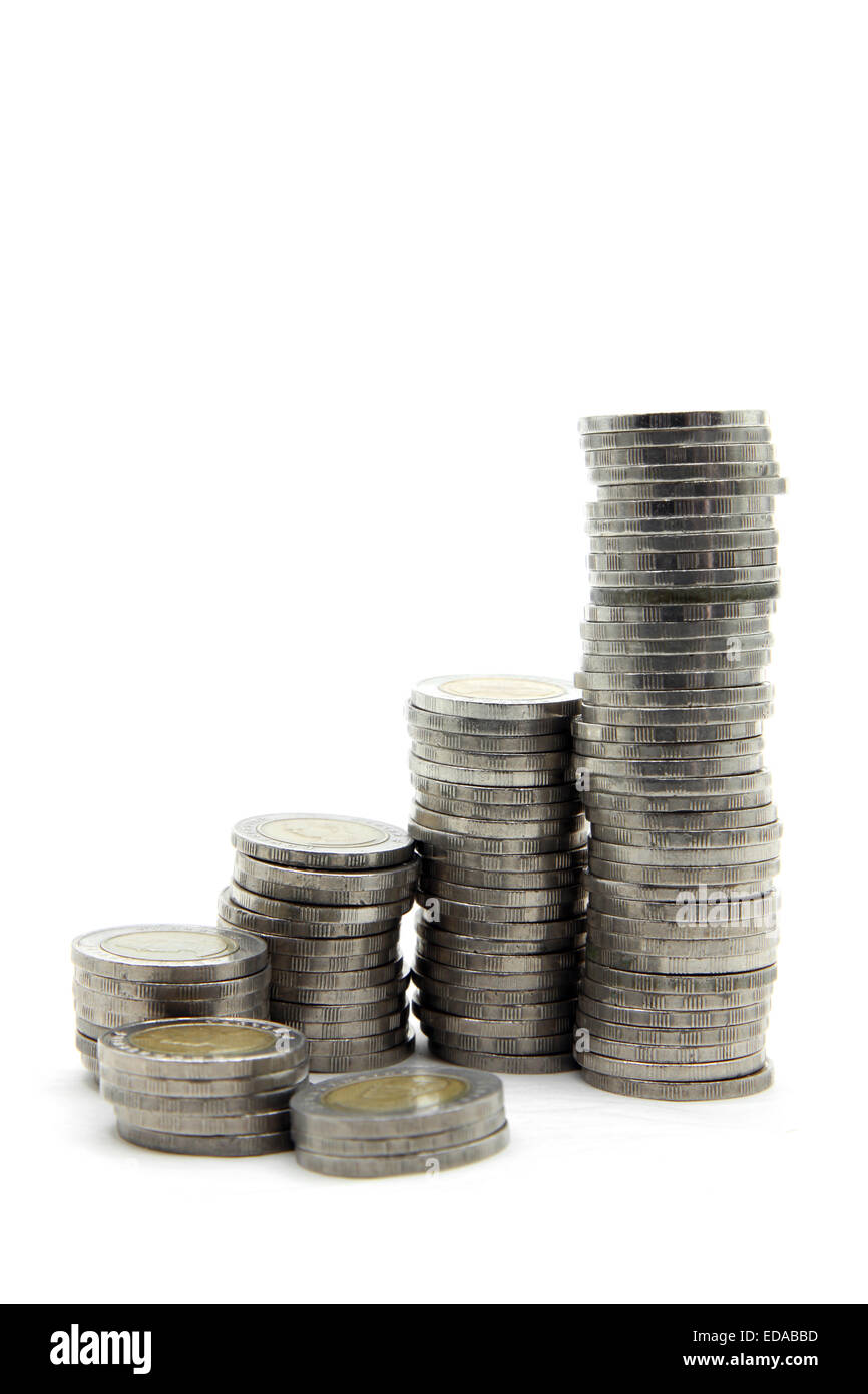 stairs to wealth, spiral step of money coins isolated on white, top ...