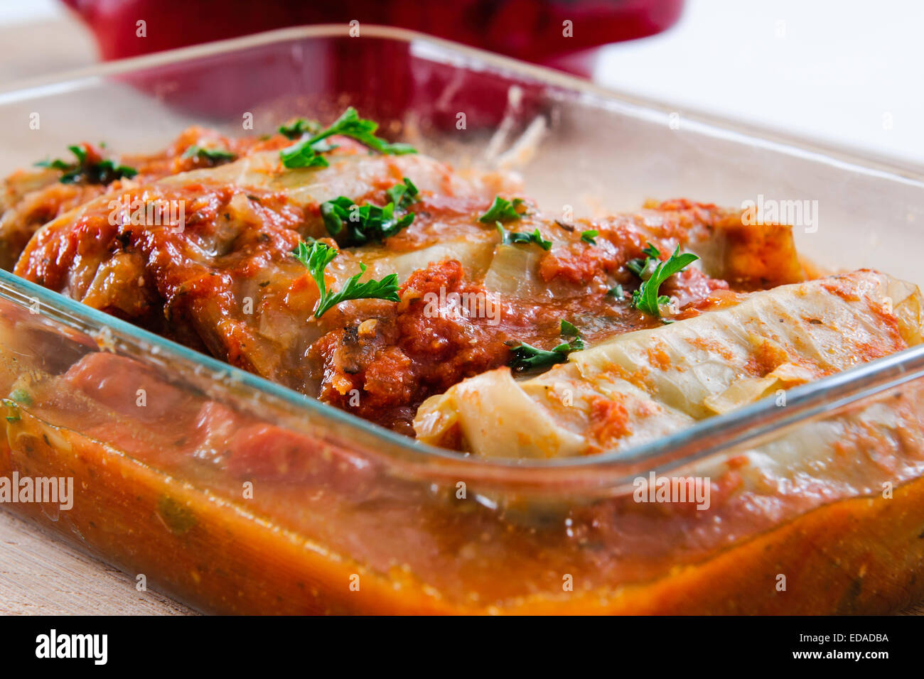 Baking dish filled with authentic homemade Polish meat stuffed cabbage ...