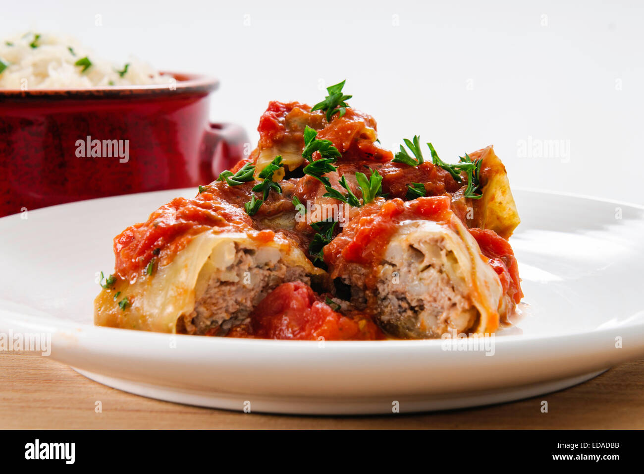 Serving dish with authentic homemade Polish meat stuffed cabbage rolls ...