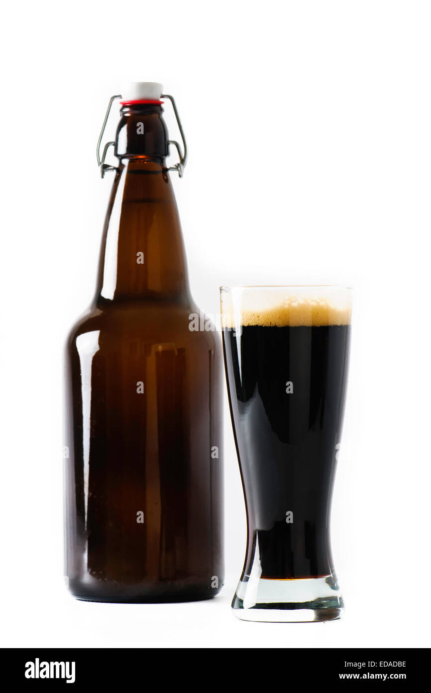 Dark Stout beer with bottle on white Stock Photo - Alamy