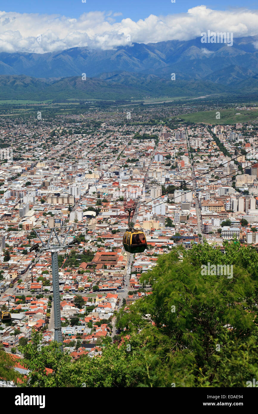 View of the town of Salta with cable car, Argentina, South America ...