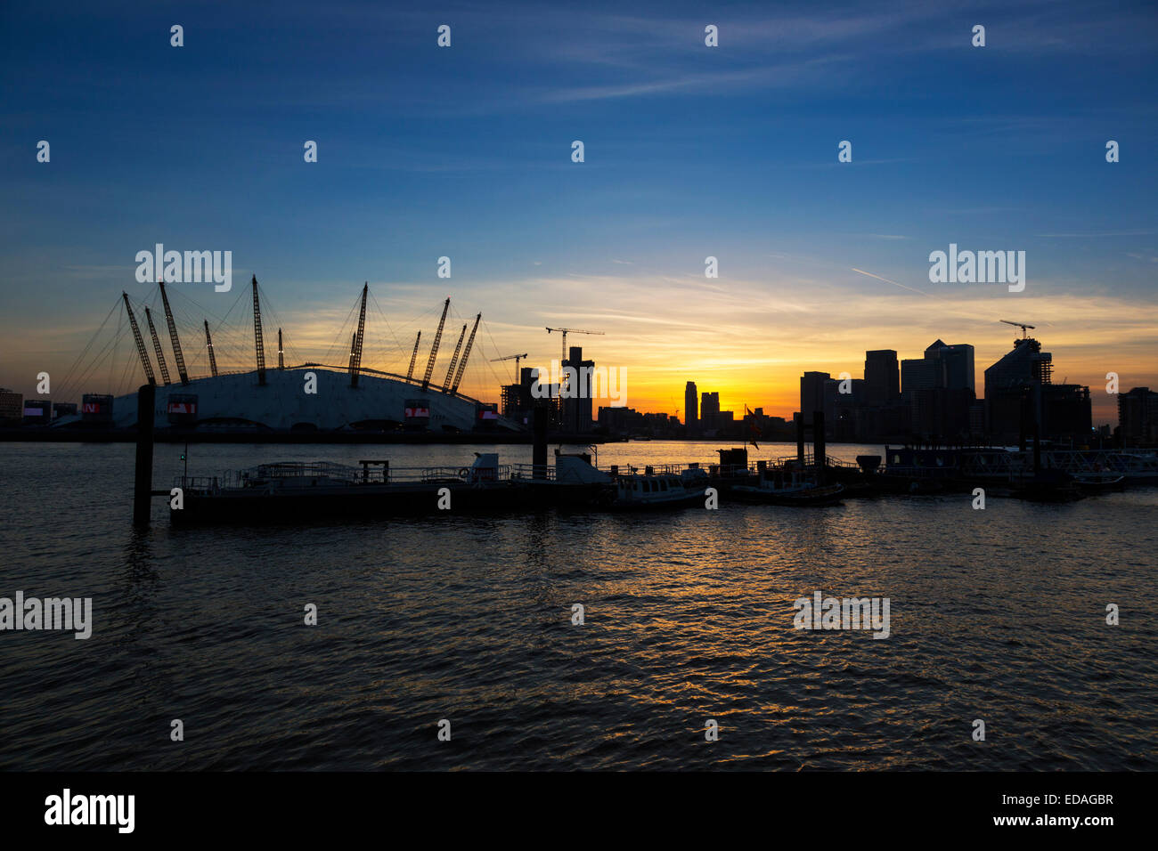 River Thames with the Millennium Dome, O2 Arena, and Canary Wharf ...
