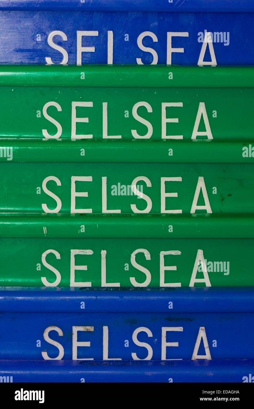 Selsea fish boxes at Billingsgate fish market in London, England, UK ...