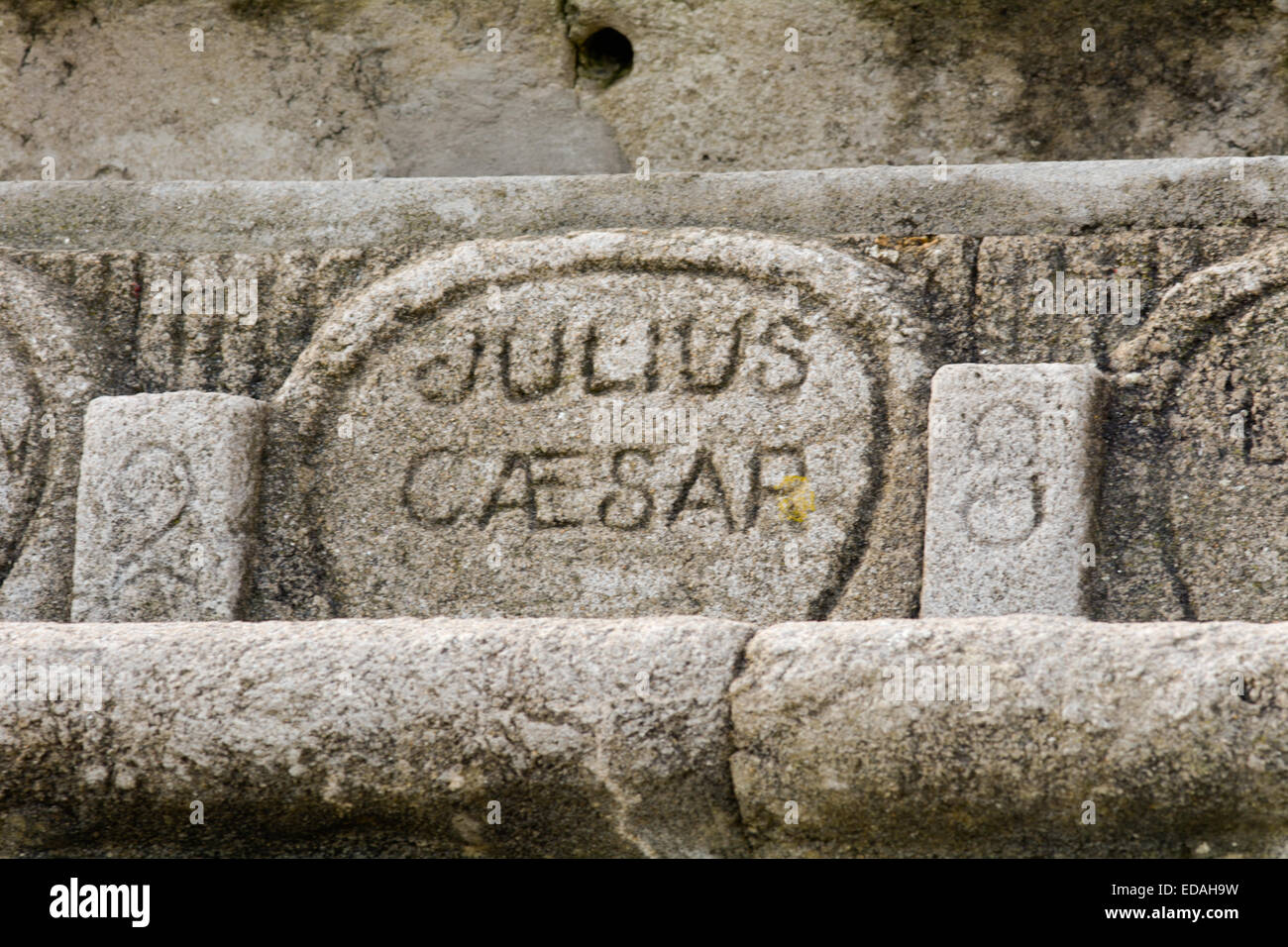 Granite carved seat with Julius Caesar engraving in rocks at Minack ...