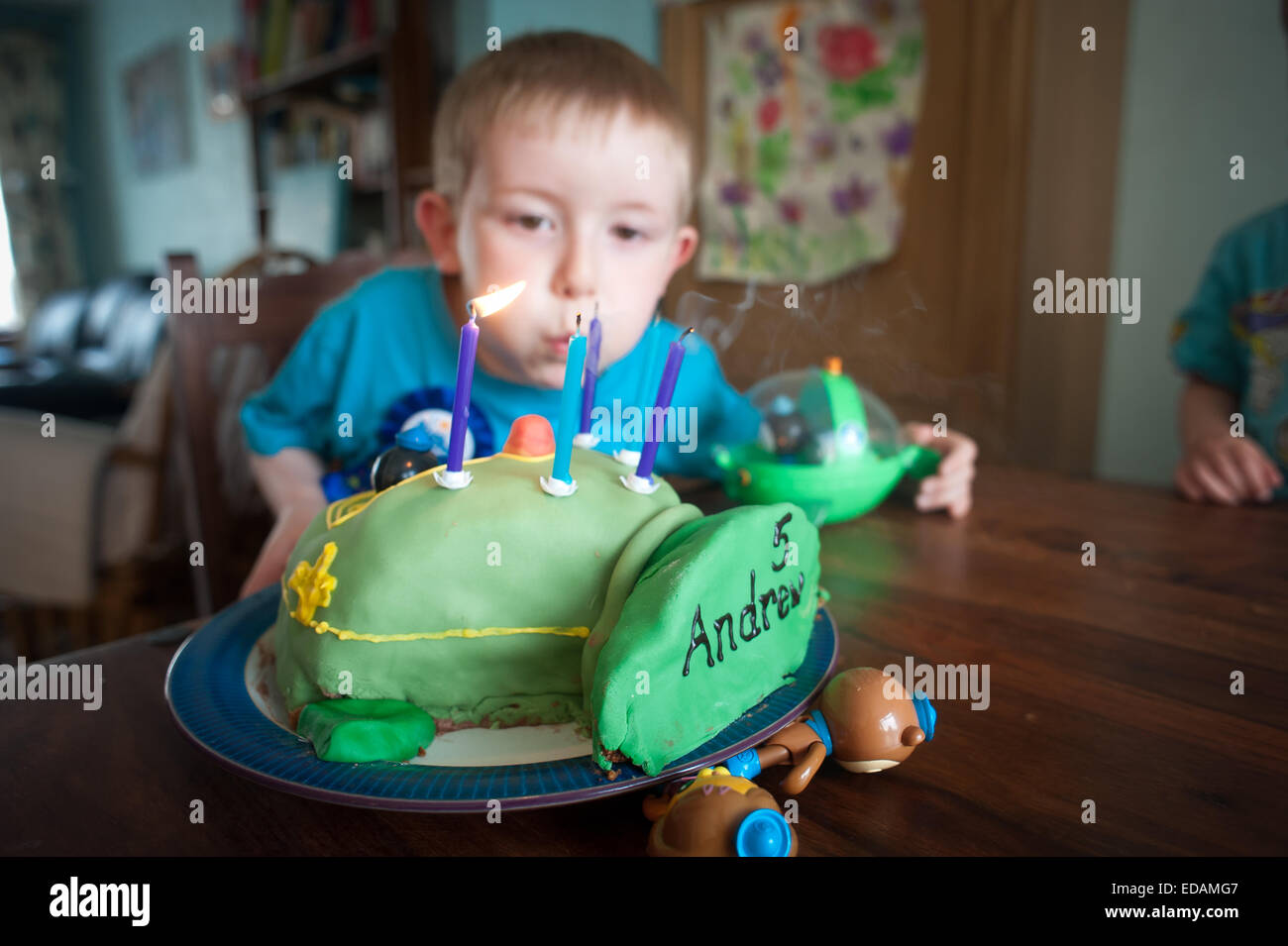 Boy blowing out birthday candles on cake Stock Photo - Alamy