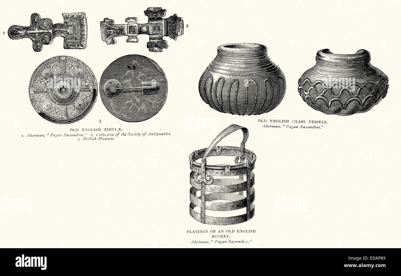 Old English artifacts, fibulae, Glass Vessels and Bucket Stock Photo - Alamy
