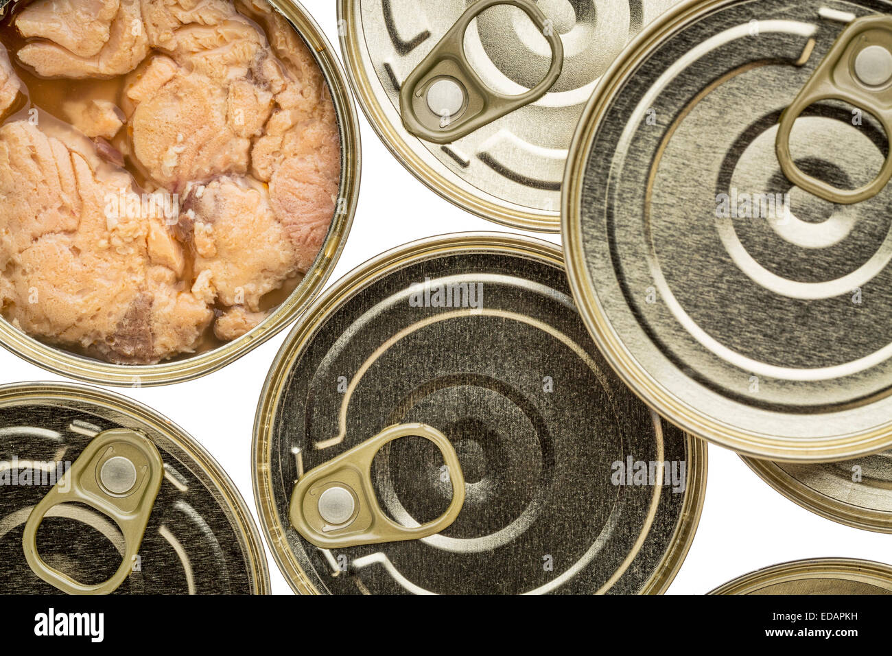 Alaskan canned salmon - top view of cans with one opened Stock Photo ...