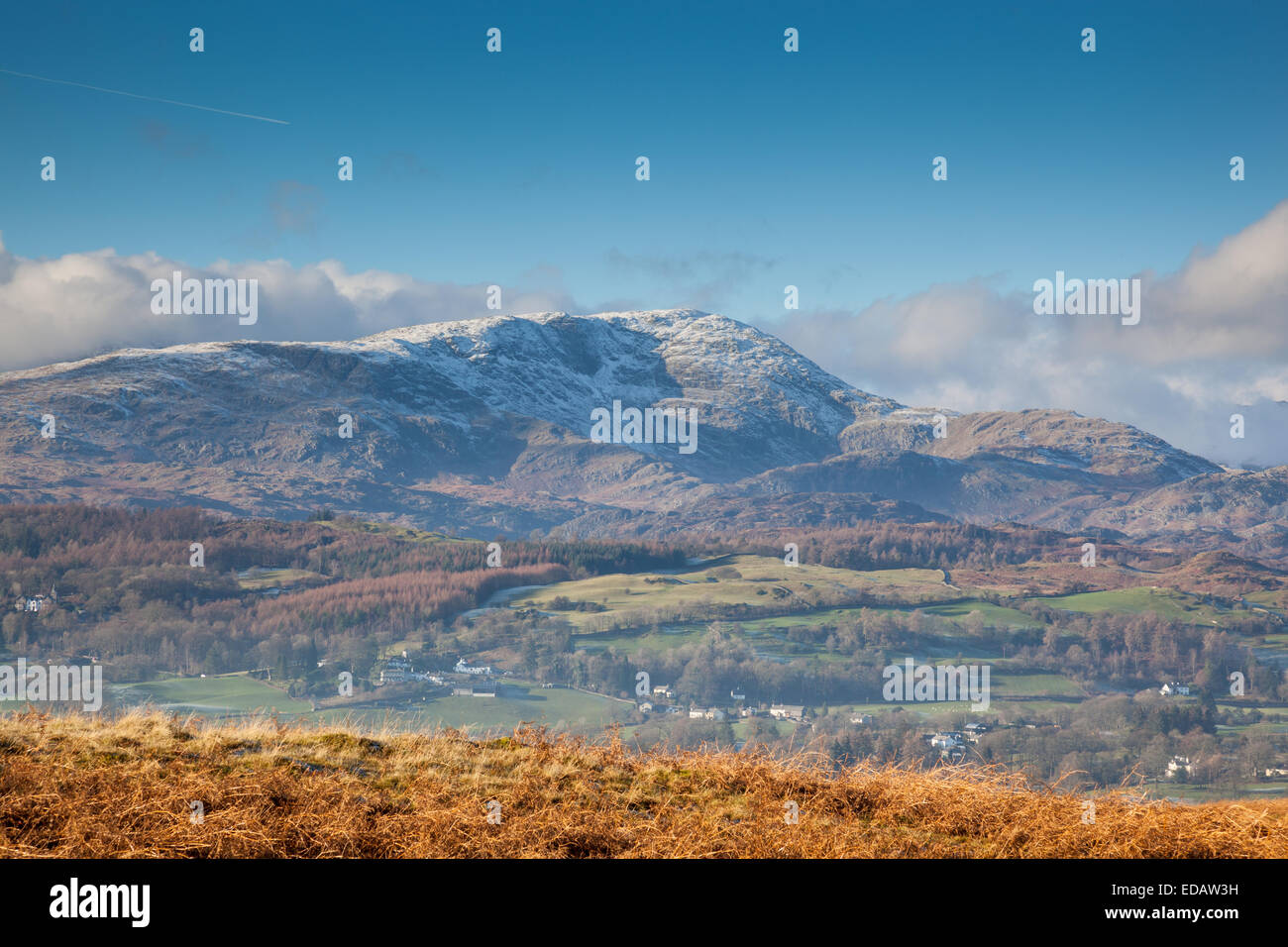 Snow-capped Wetherlam overlooking Outgate, as seen from Latterbarrow ...