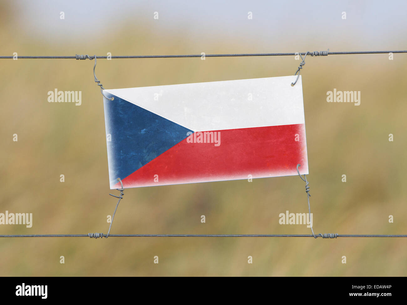 Border fence - Old plastic sign with a flag - Czech Republic Stock ...