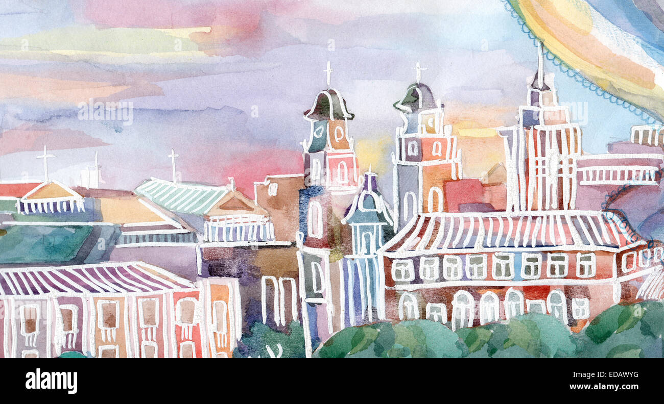 Old Town Street. Watercolor Stock Photo - Alamy