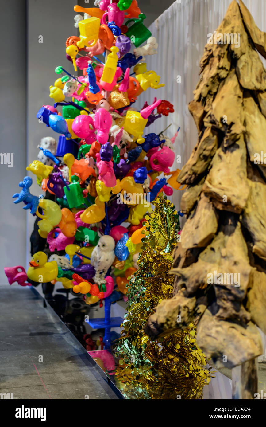 Wood chipped and plastic objects trees in dressed window Stock Photo ...