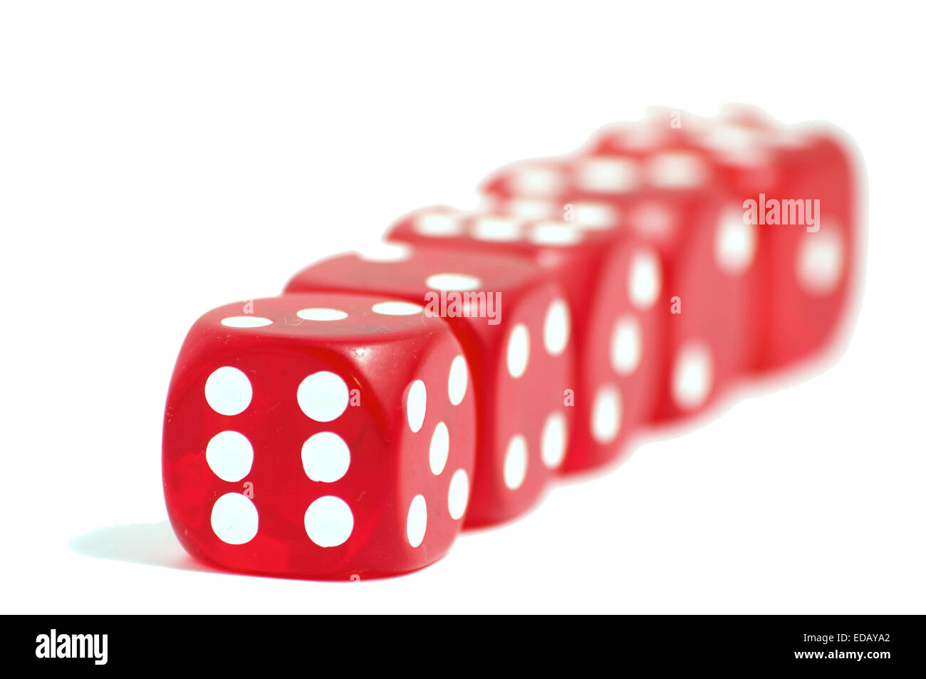 Five red casino dice on a white background Stock Photo - Alamy