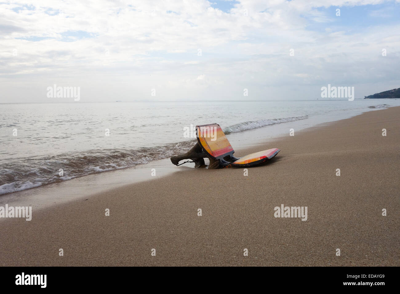 Broken bar chair,stool, washed on beach sand, Koh Lanta, Krabi Province ...