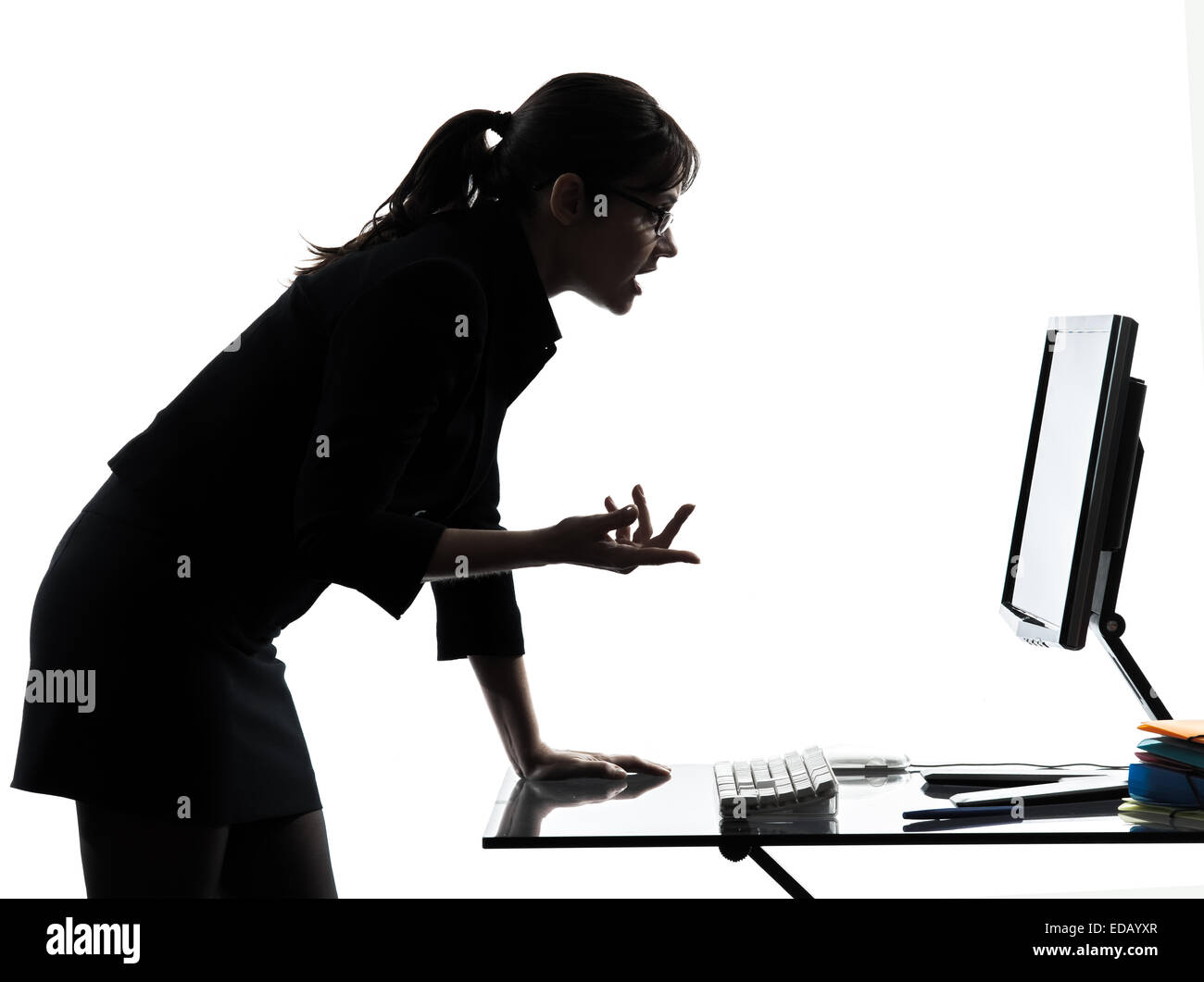 one business woman computer computing serious silhouette studio ...