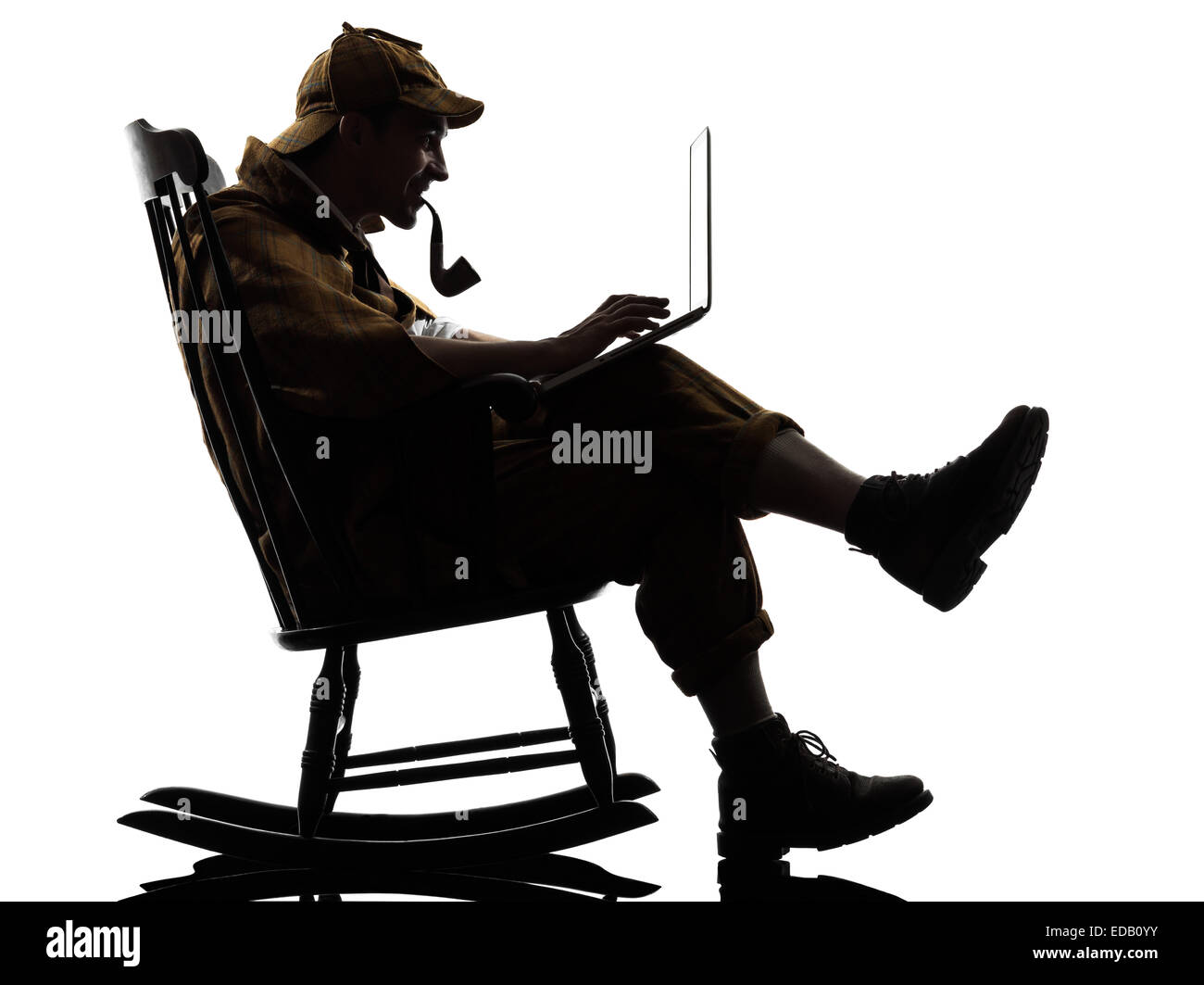 sherlock holmes with computer laptop silhouette sitting in rocking ...