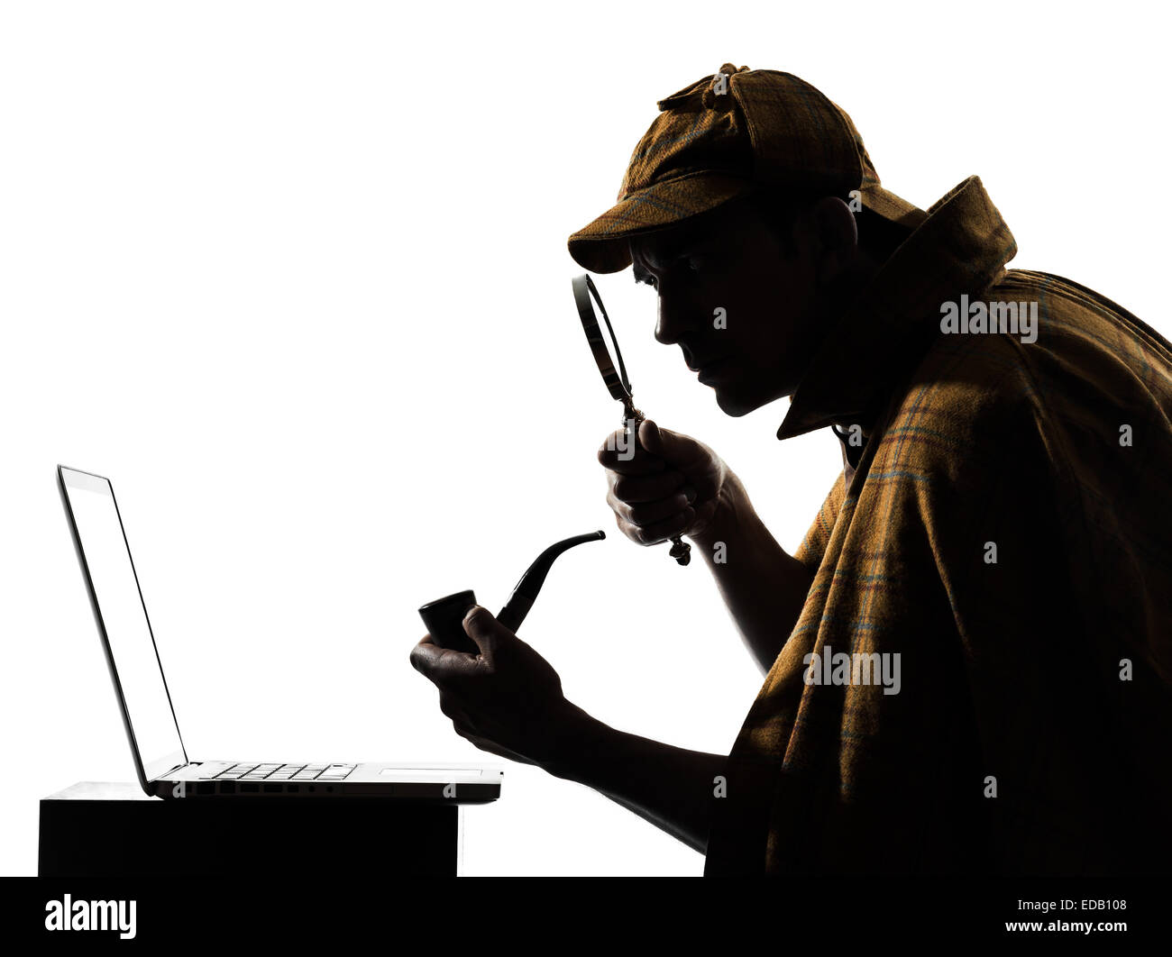 sherlock holmes laptop computer silhouette in studio on white ...