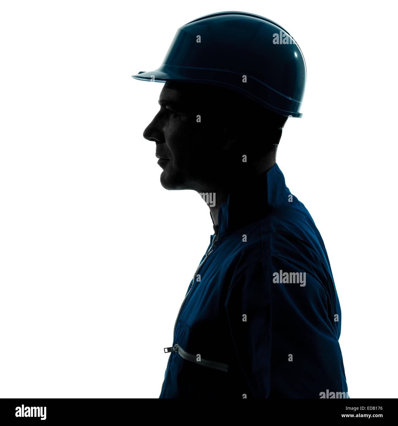 one man construction worker silhouette portrait in studio on white ...