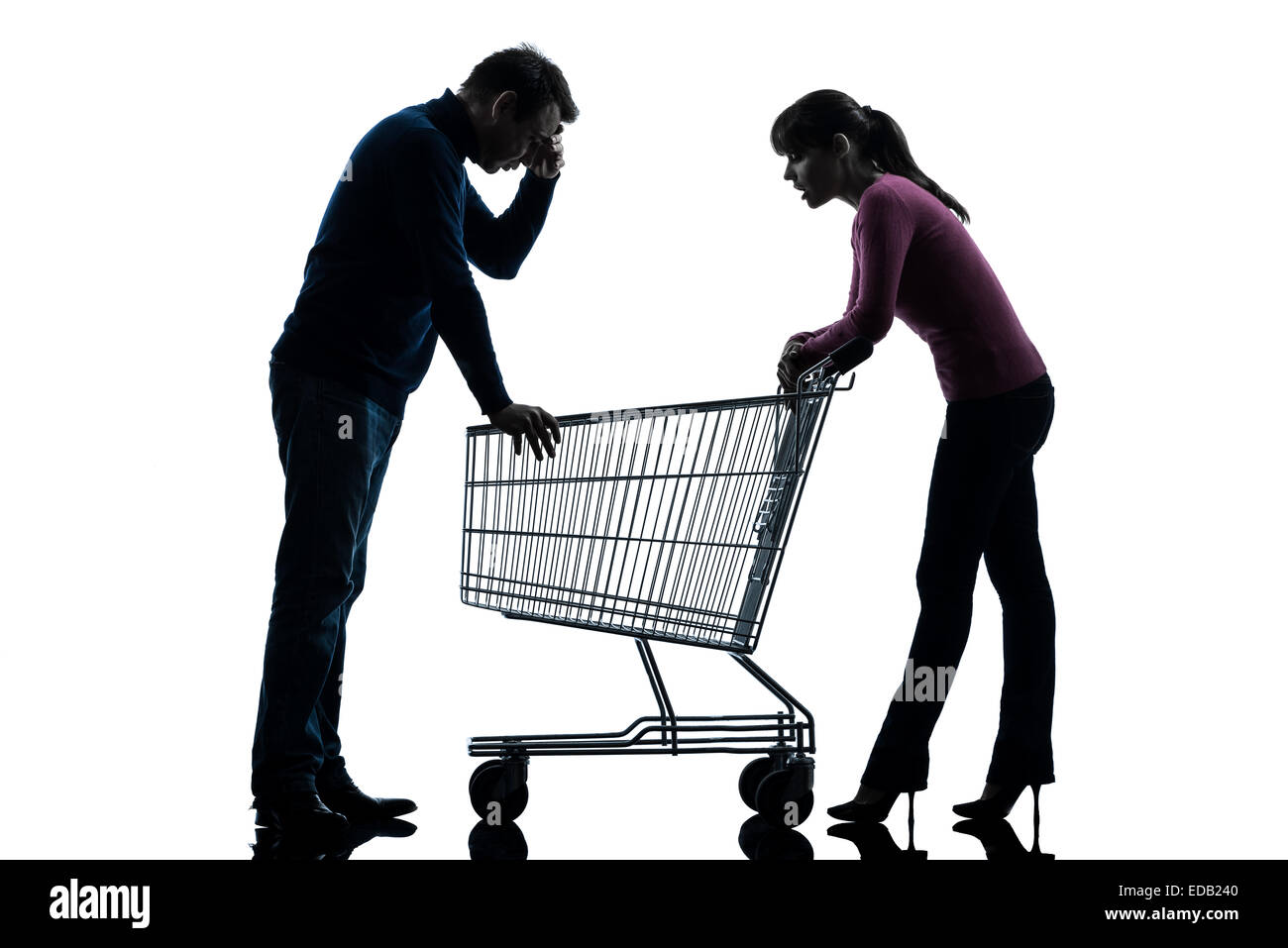 one couple woman man sad with empty shopping with shopping cart in ...