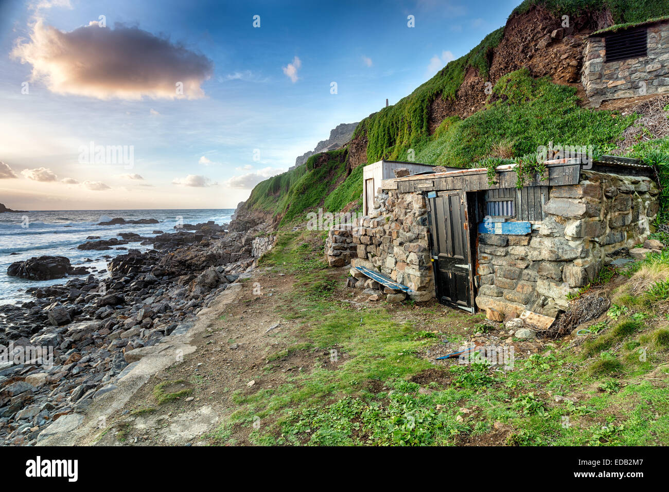 Fishing huts at Priest's Cove on the rugged Cornish coastline at Cape ...