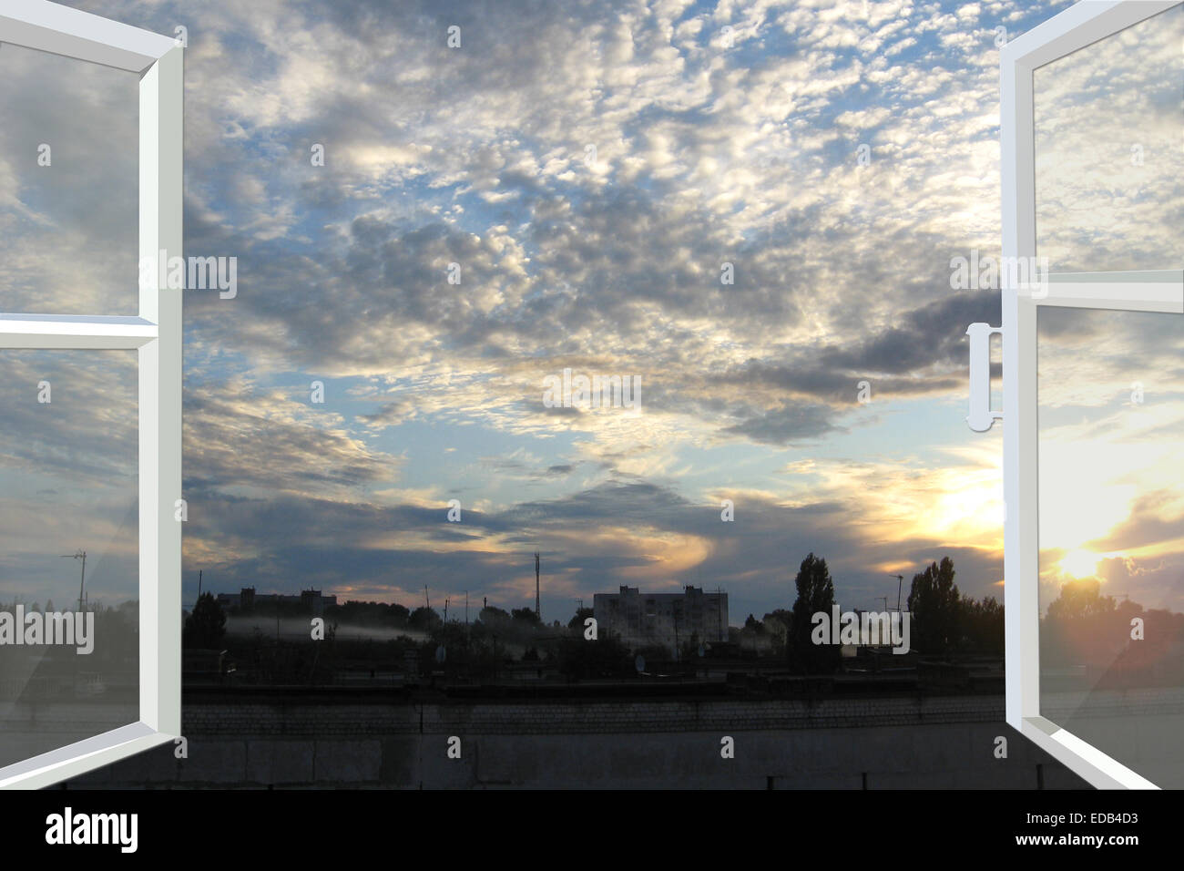 white window opened to the beautiful sunset Stock Photo - Alamy