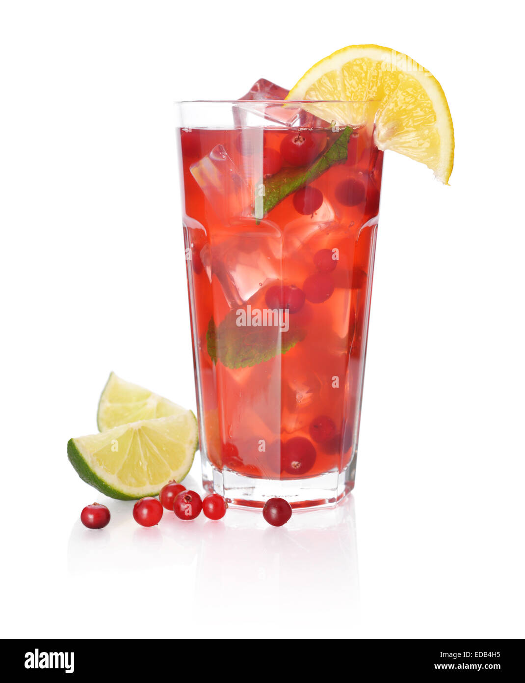 Red berry cocktail drink with cranberry and drink with lime isolated on ...