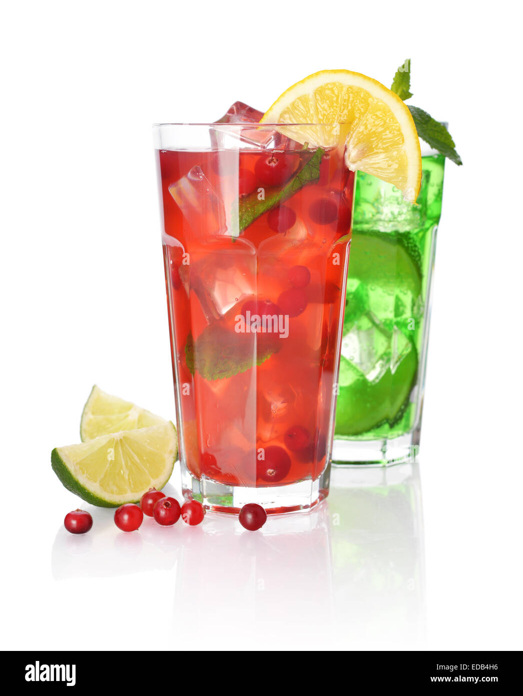 Red berry cocktail drink with cranberry and drink with lime isolated on ...