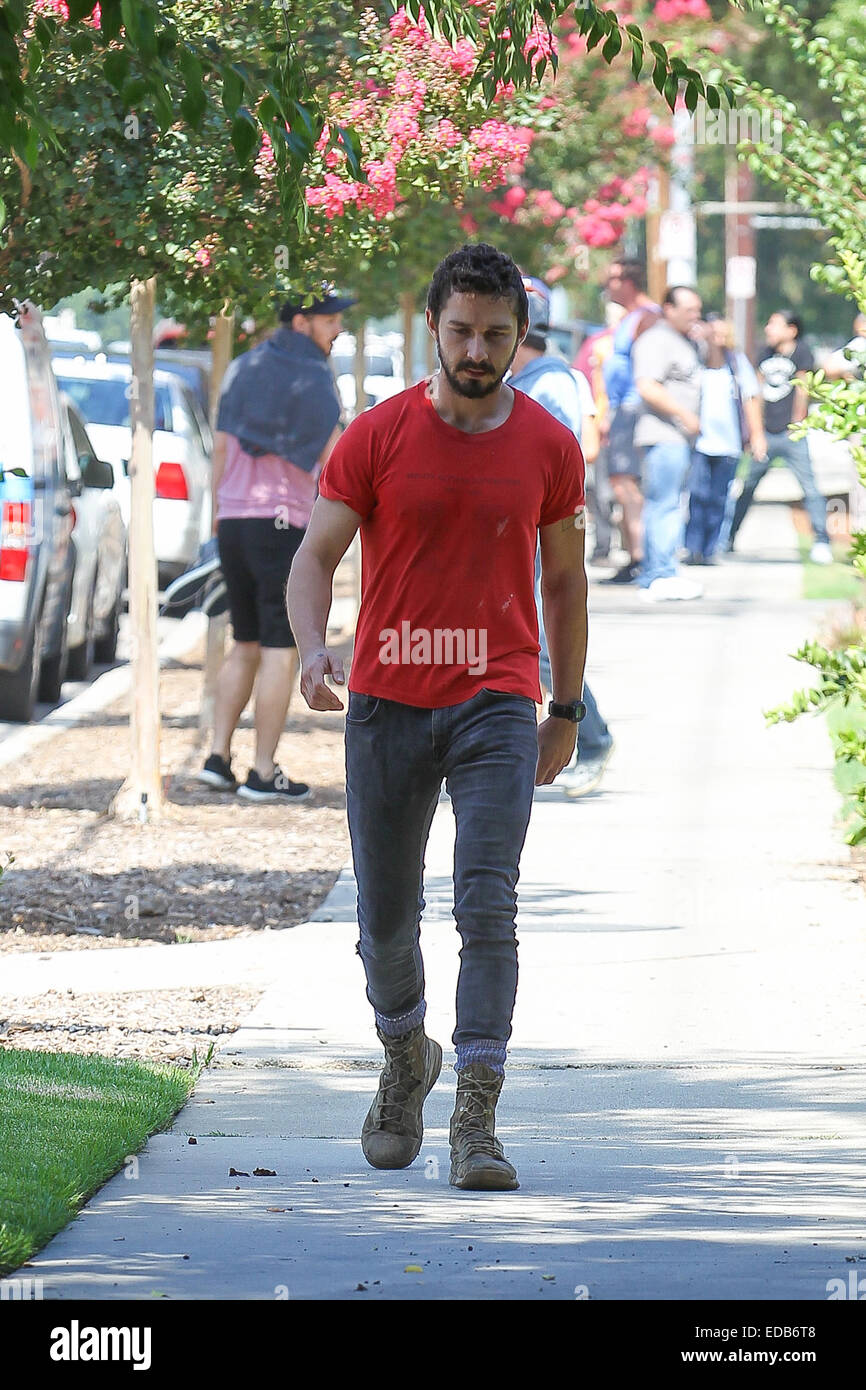 A bearded Shia LaBeouf wearing an old red 'Mighty Alpha Superstars 1981 ...