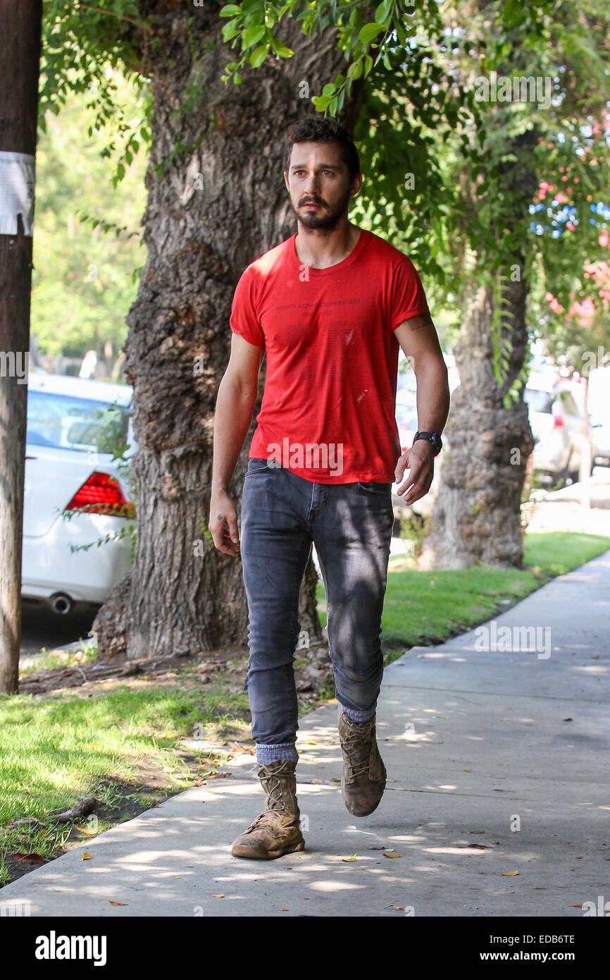A bearded Shia LaBeouf wearing an old red 'Mighty Alpha Superstars 1981 ...