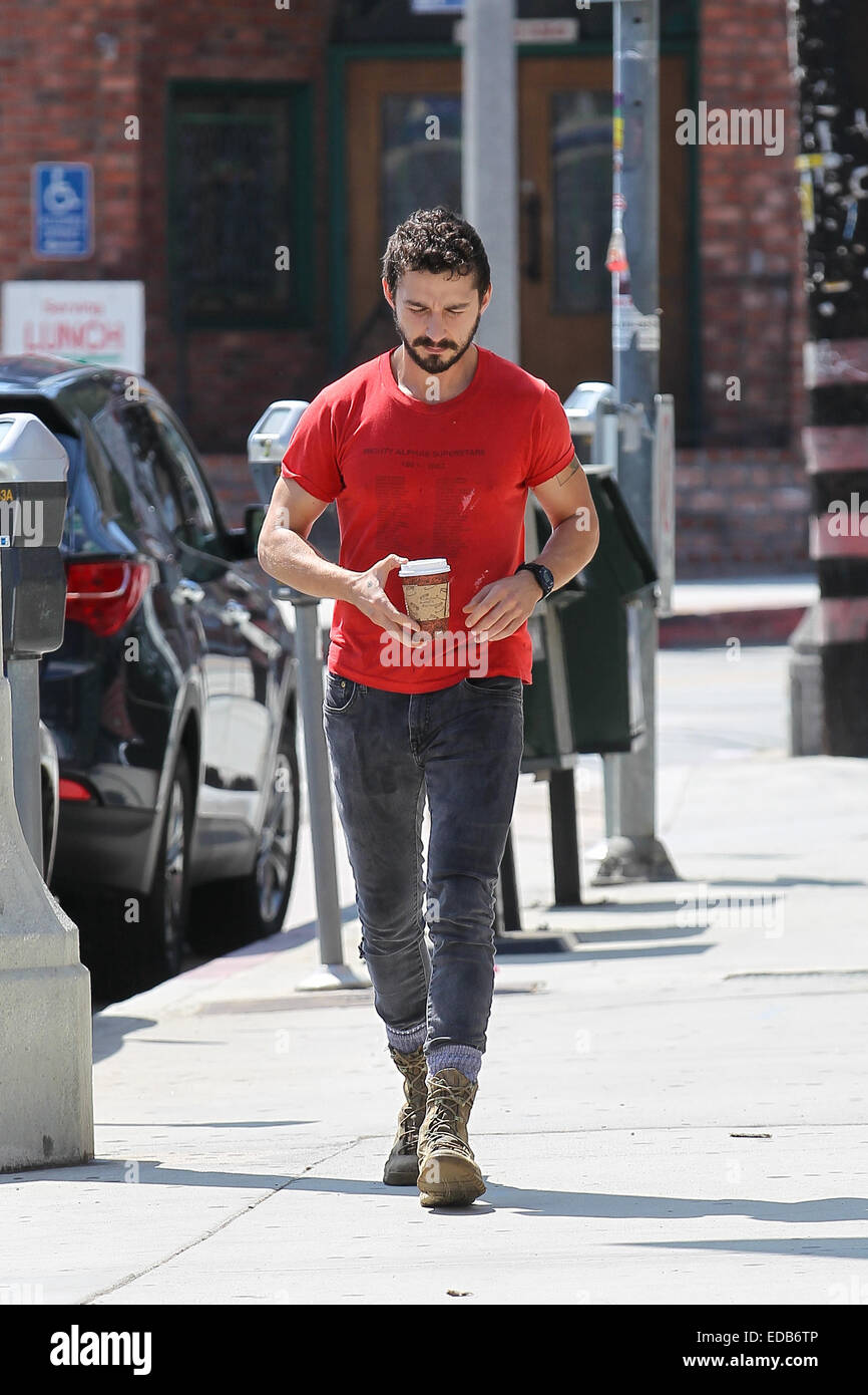A bearded Shia LaBeouf wearing an old red 'Mighty Alpha Superstars 1981 ...