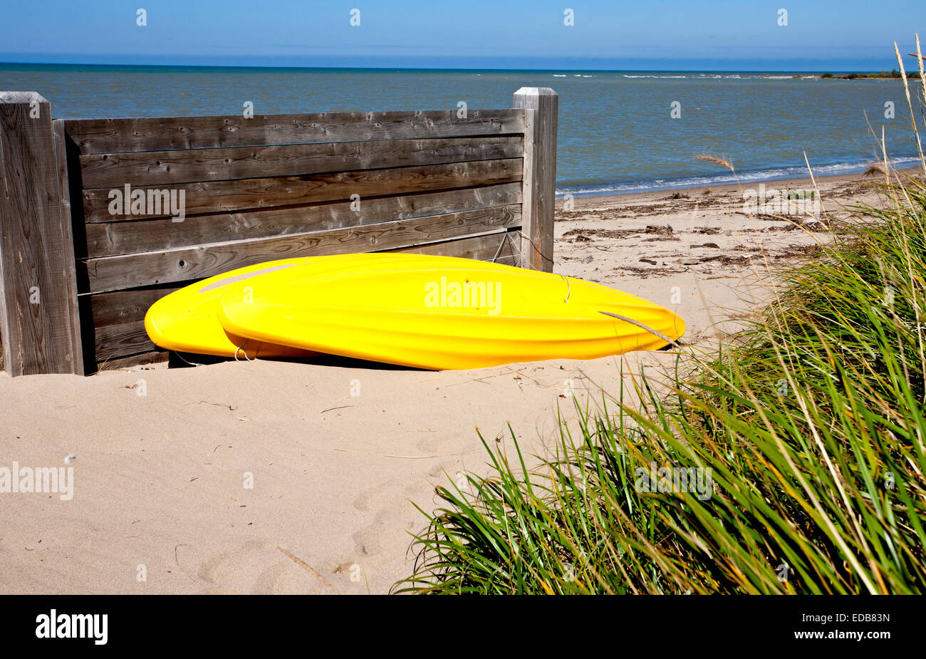 Yellow Kayak on shore on Lake Huron Ontario Stock Photo - Alamy