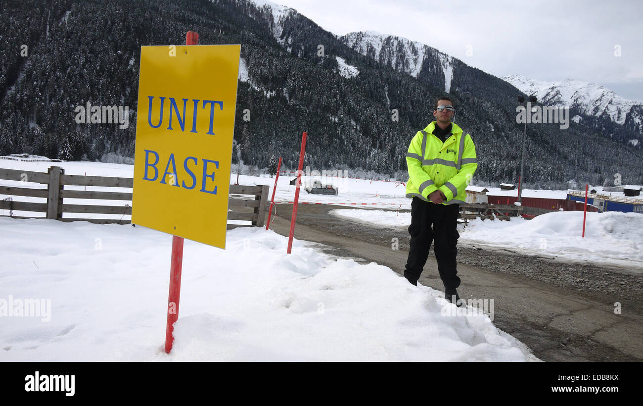Obertilliach, Austria. 14th Dec, 2014. Security guards stand in front ...