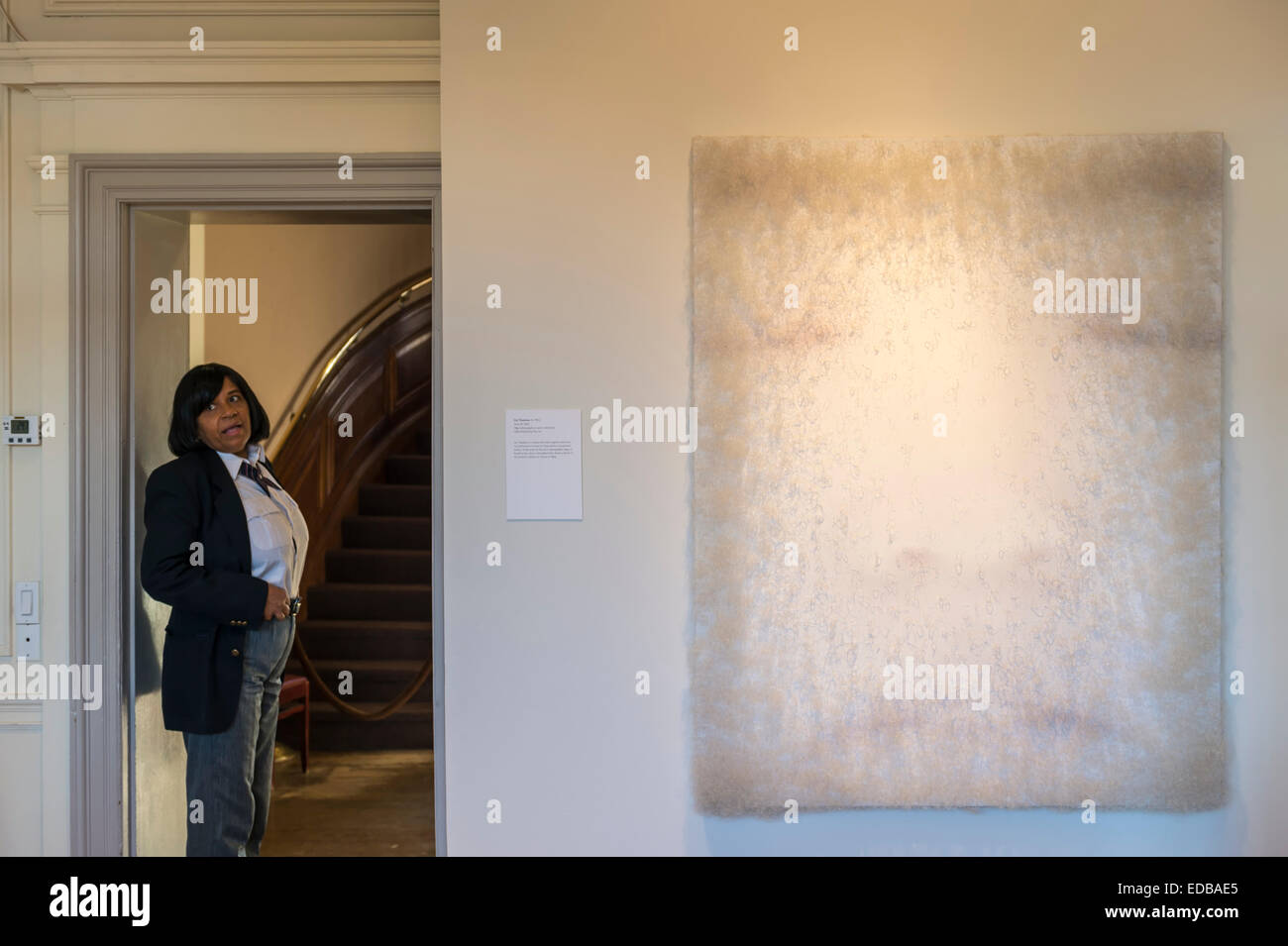 Guard on duty in exhibit room, Chinese artist Lin Tianmiao artwork ...