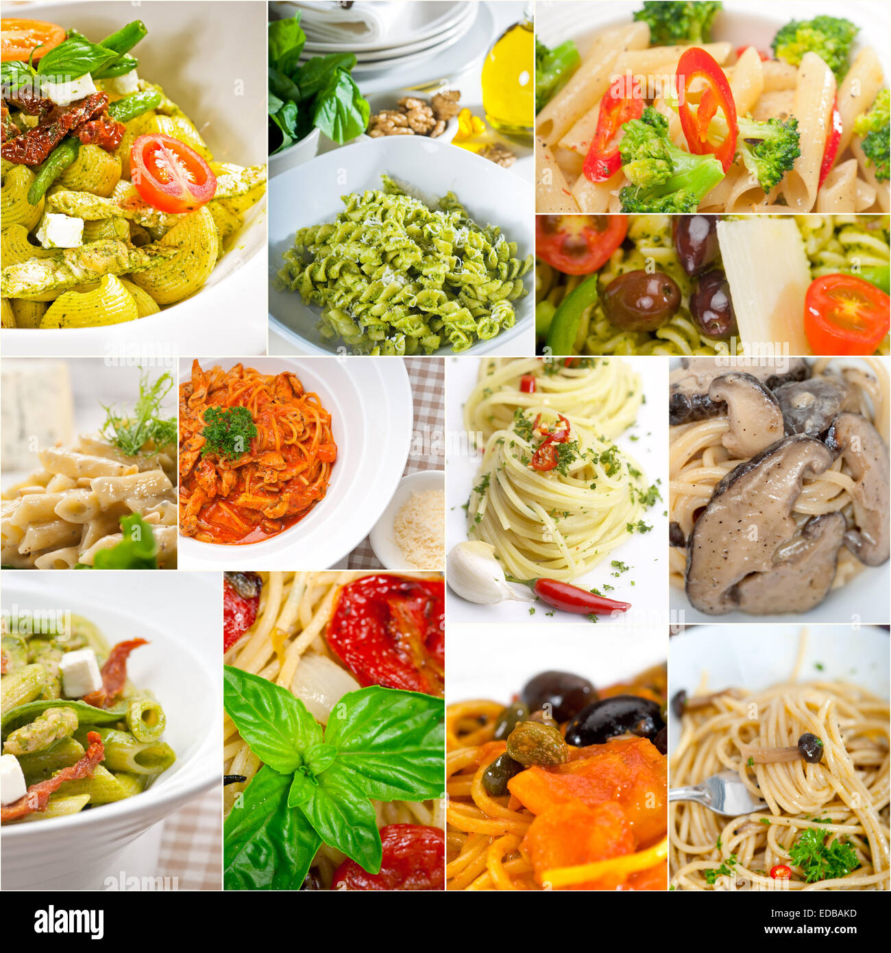 collection of different type of Italian pasta on collage white frame ...