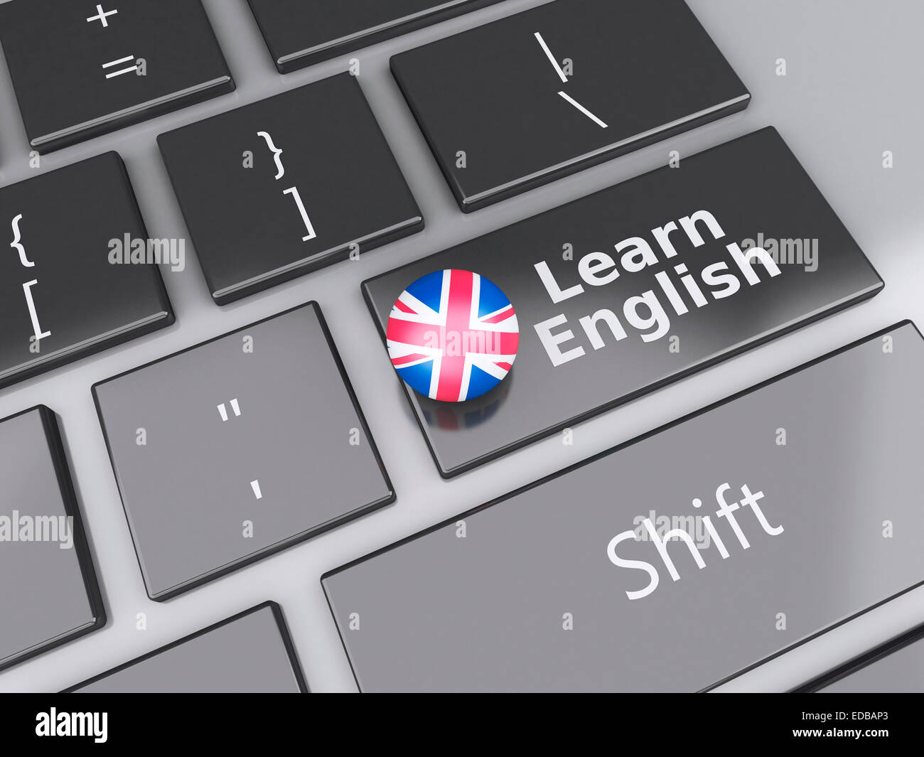 3d renderer illustration. Learn English on computer keyboard. Education ...