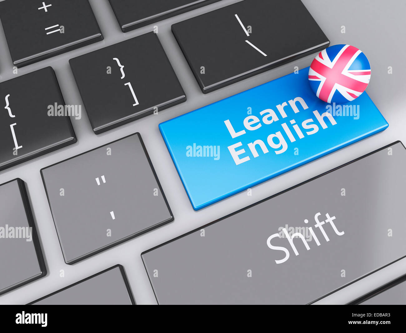 3d renderer illustration. Learn English on computer keyboard. Education ...