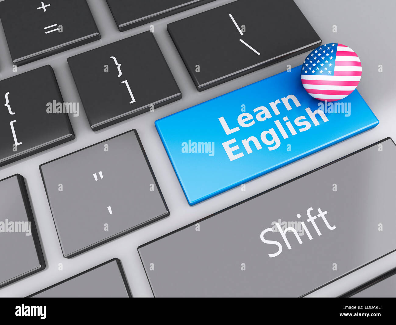 3d renderer illustration. Learn English on computer keyboard. Education ...