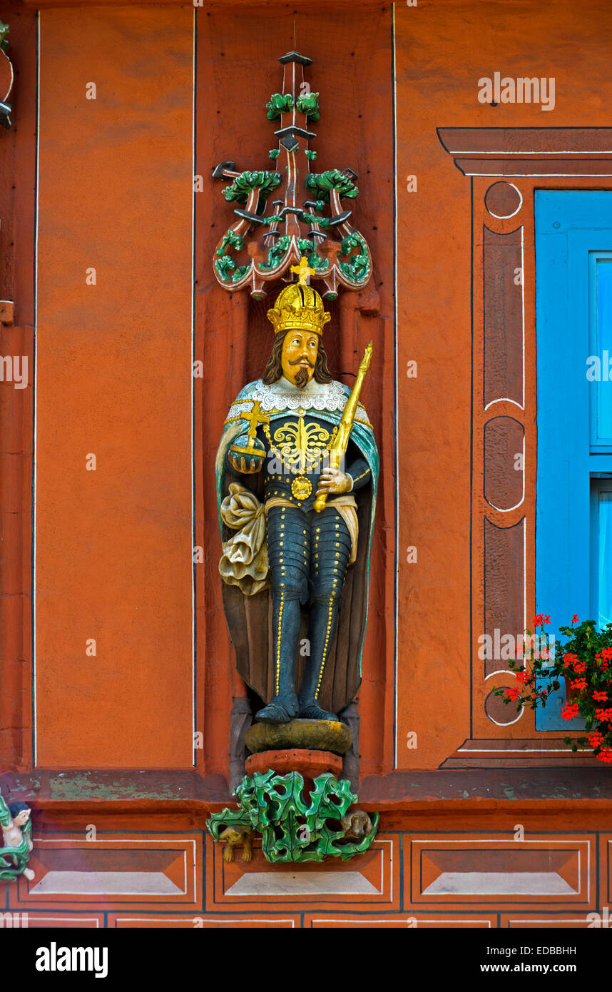 Wooden statue of German emperors at the Guild hall Kaiserworth, Goslar ...