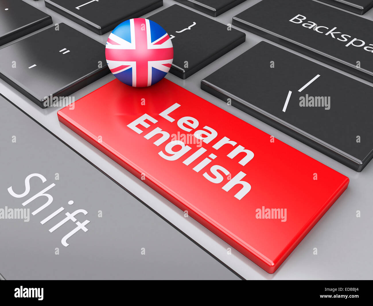 3d renderer illustration. Learn English on computer keyboard. Education ...